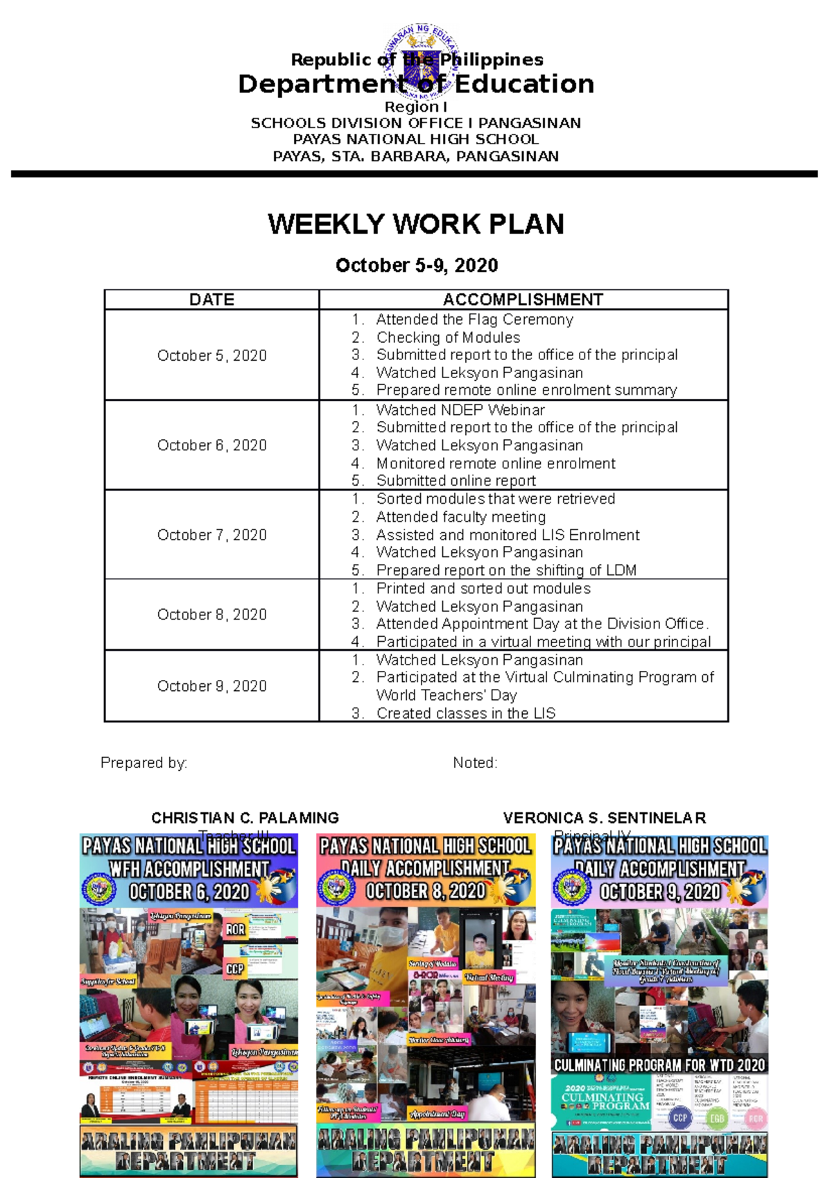 Weekly Work Plan 2020-2021 Department of Education Schools Division ...
