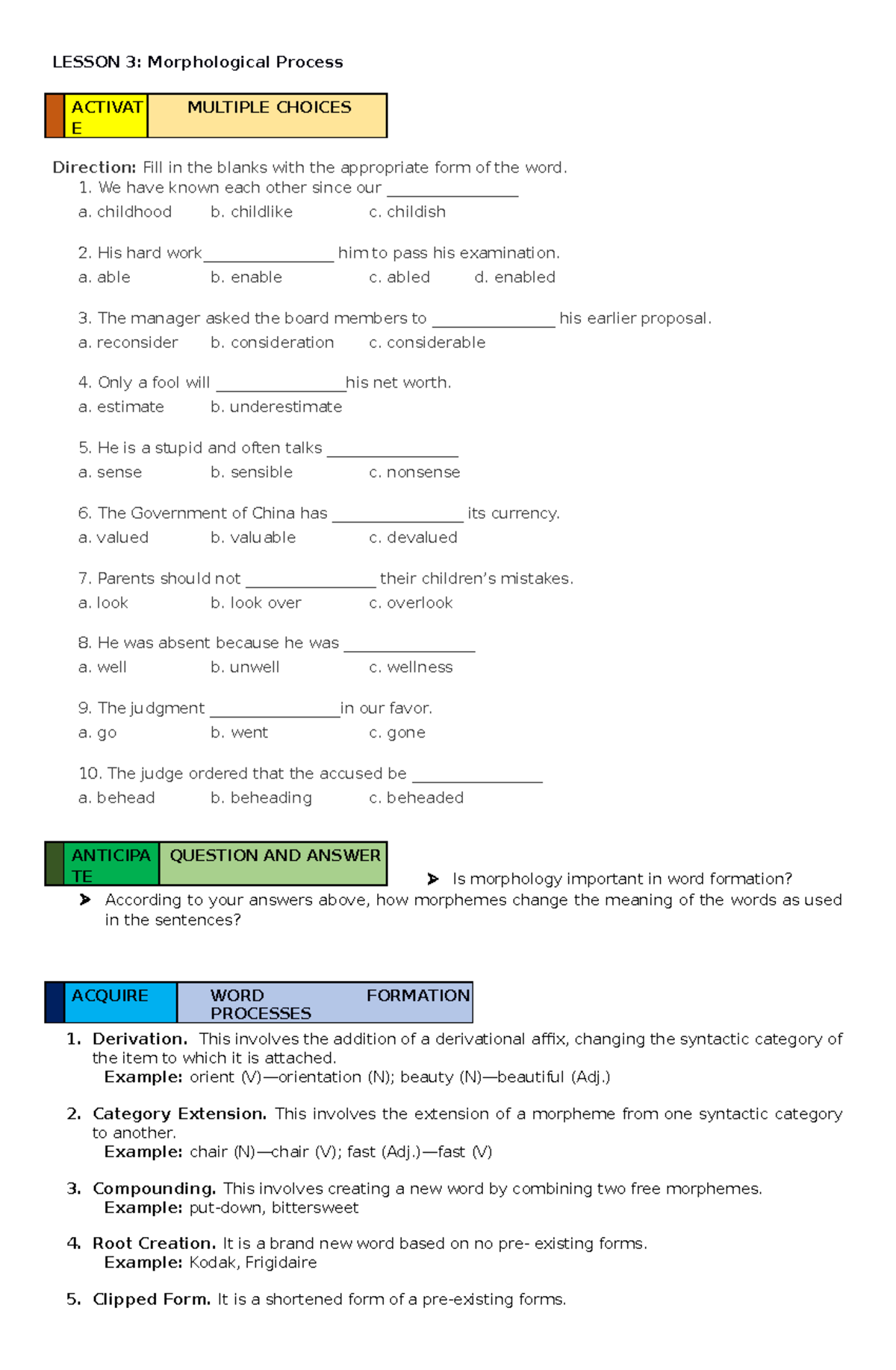 Final lessons - try to scan this - LESSON 3: Morphological Process ...