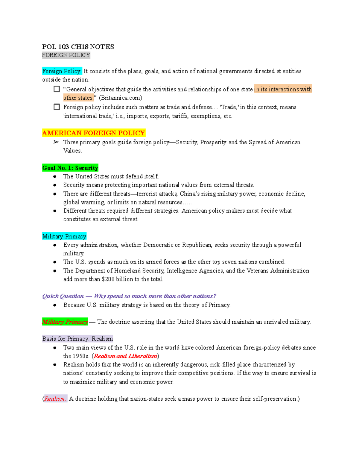 POL 103 CHP18 Notes - POL 103 CH18 NOTES FOREIGN POLICY Foreign Policy ...