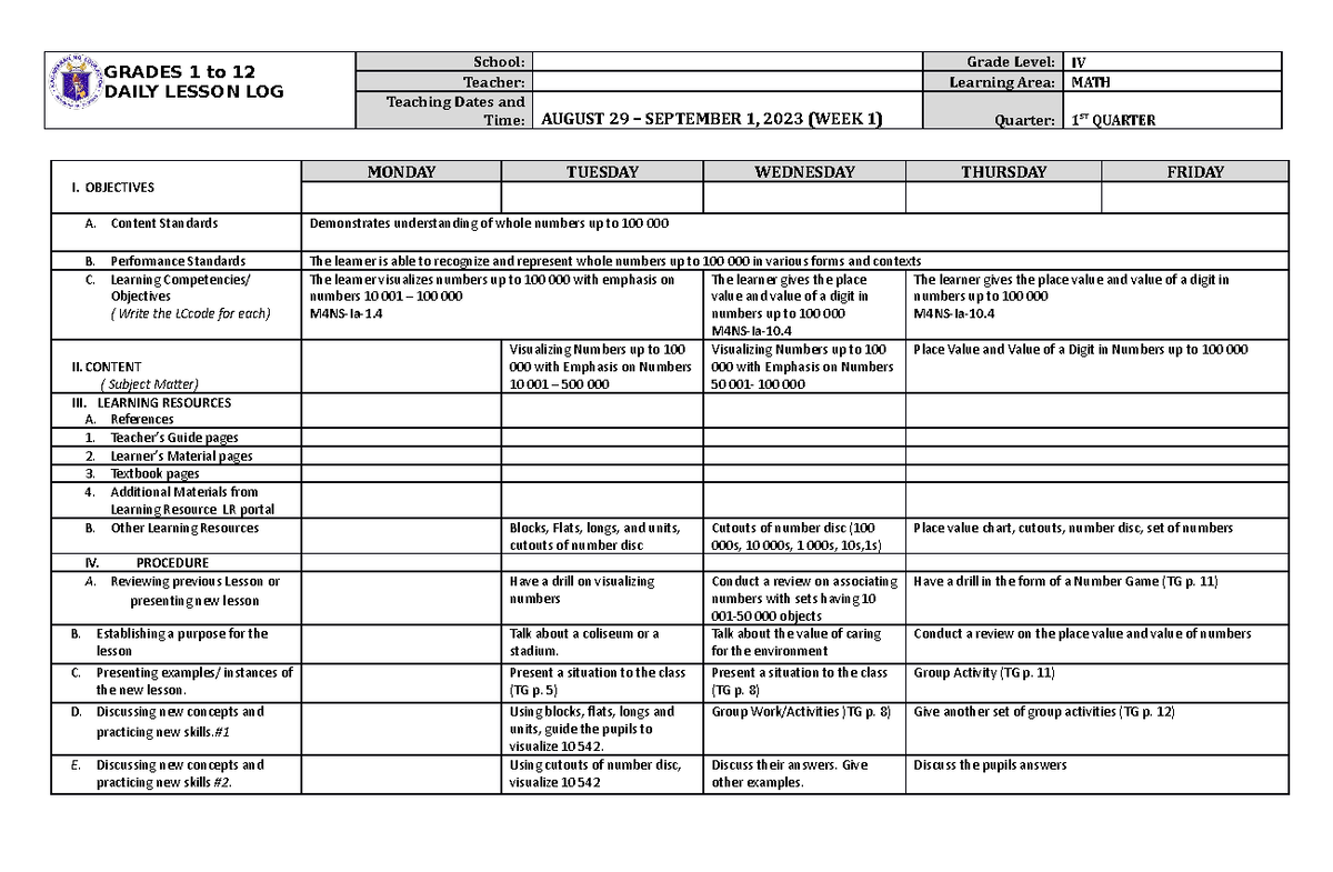 DLL MATH 4 Q1 W1 - n/a - GRADES 1 to 12 DAILY LESSON LOG School: Grade ...