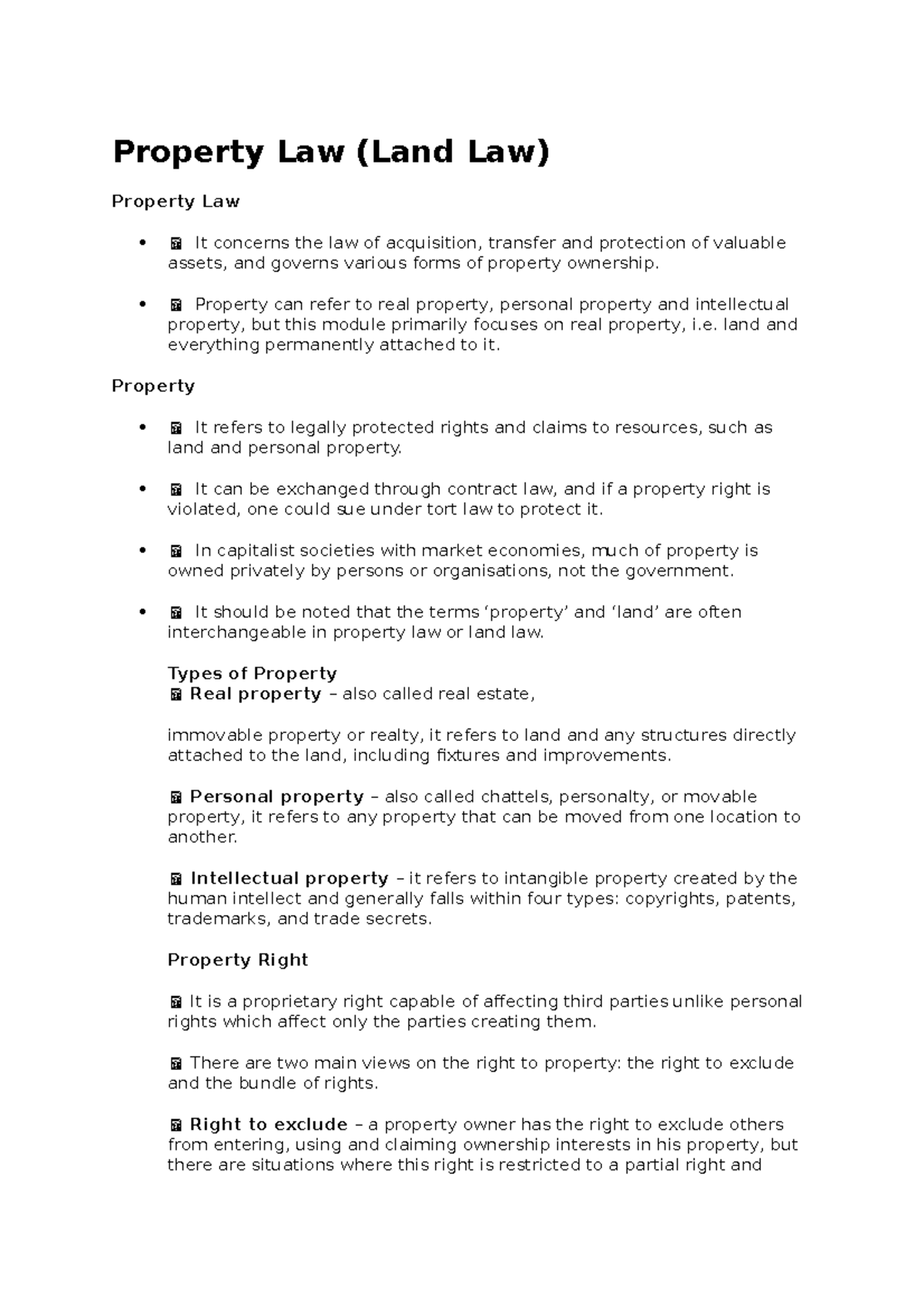 Law notes 5 - Property Law (Land Law) Property Law It concerns the law ...