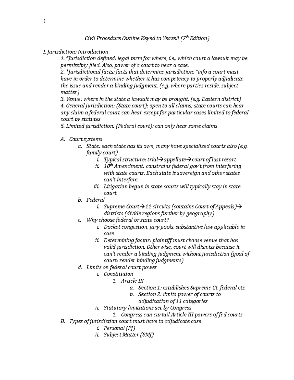 84315376 Civil Procedure Outline Keyed to Yeazell 7th Edition - Civil ...