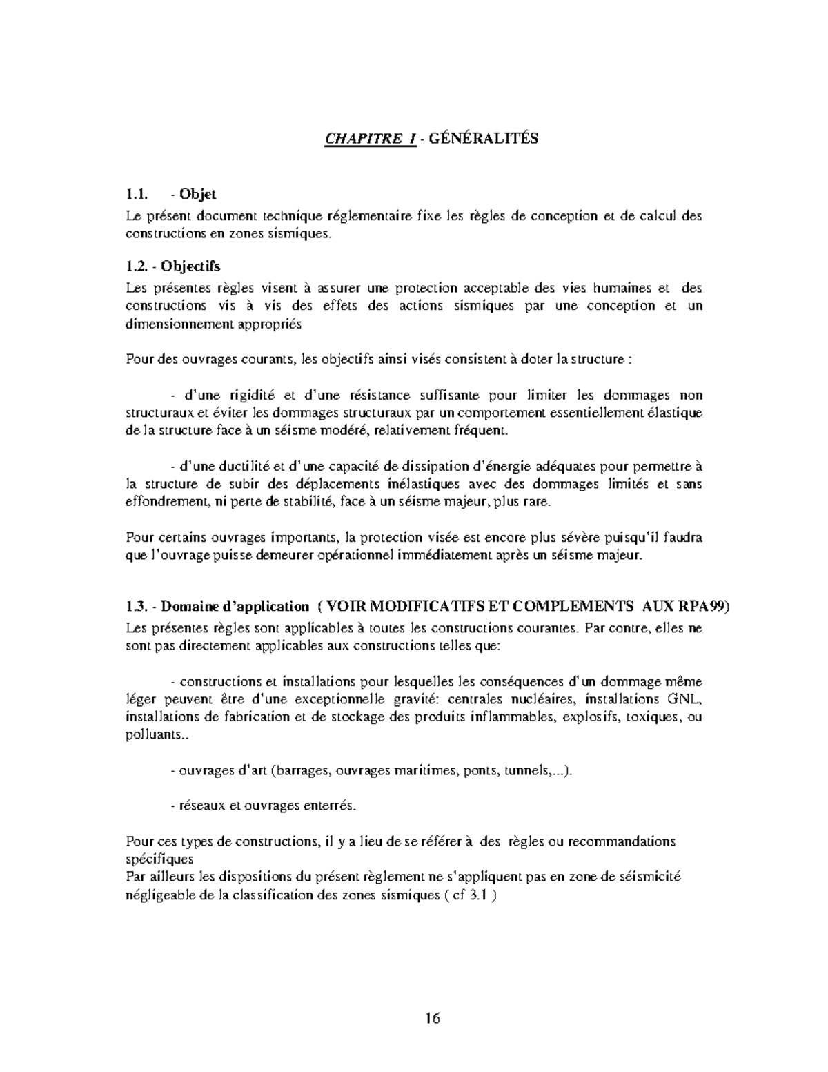 RPA 99 v 2003 2 - RPA - CHAPITRE I - GÉNÉRALITÉS Objet Le présent document technique ...
