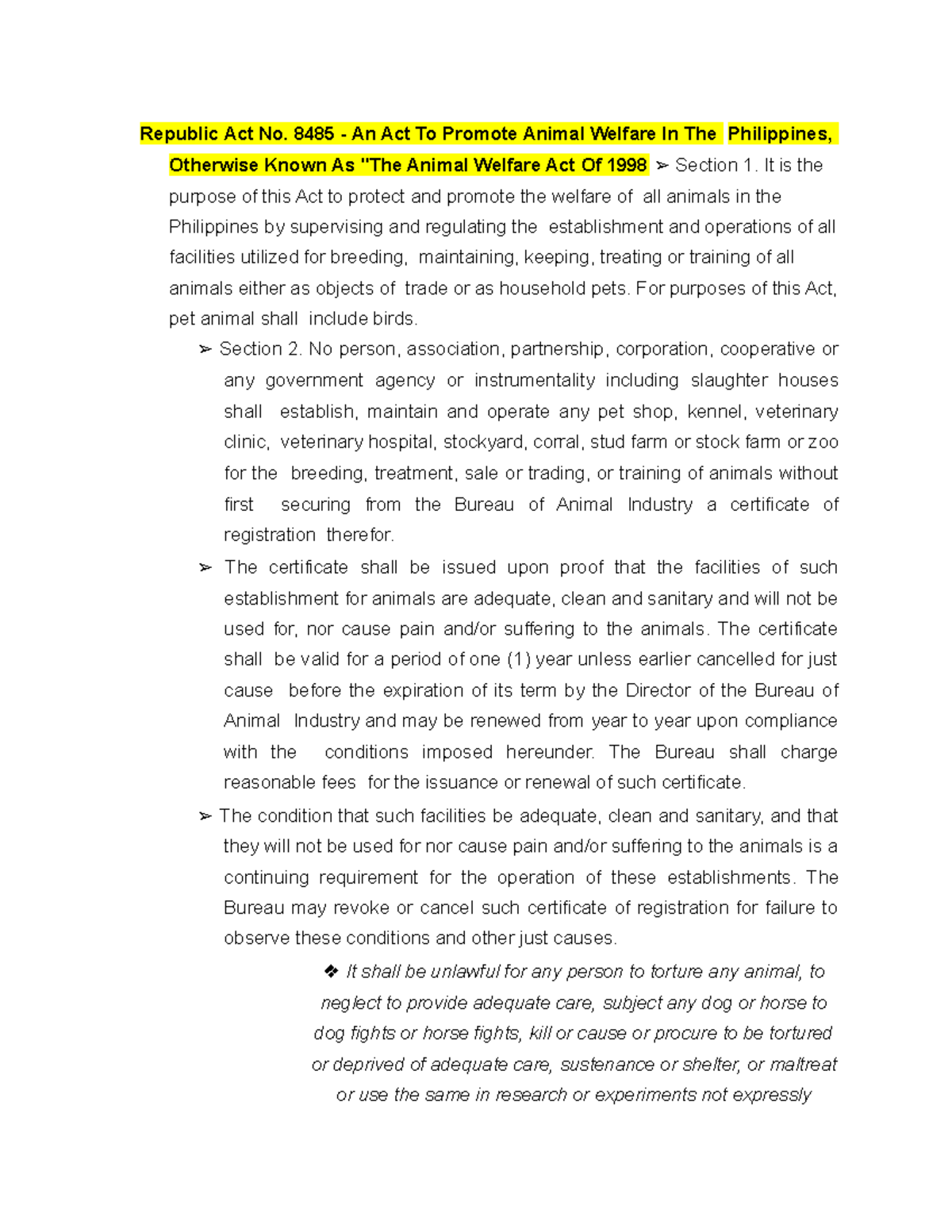 Republic Act No 8485 Law Analyzation And Facts Republic Act No