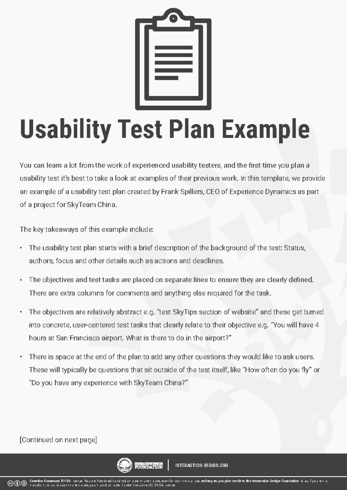 Usability Test Plan Example - Usability Test Plan Example [Continued on ...