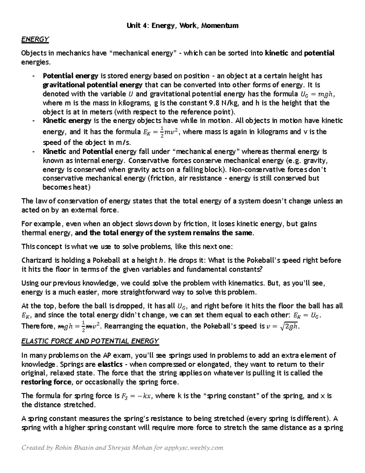 Physicscunit 4contentreviewsheet - Unit 4: Energy, Work, Momentum ...