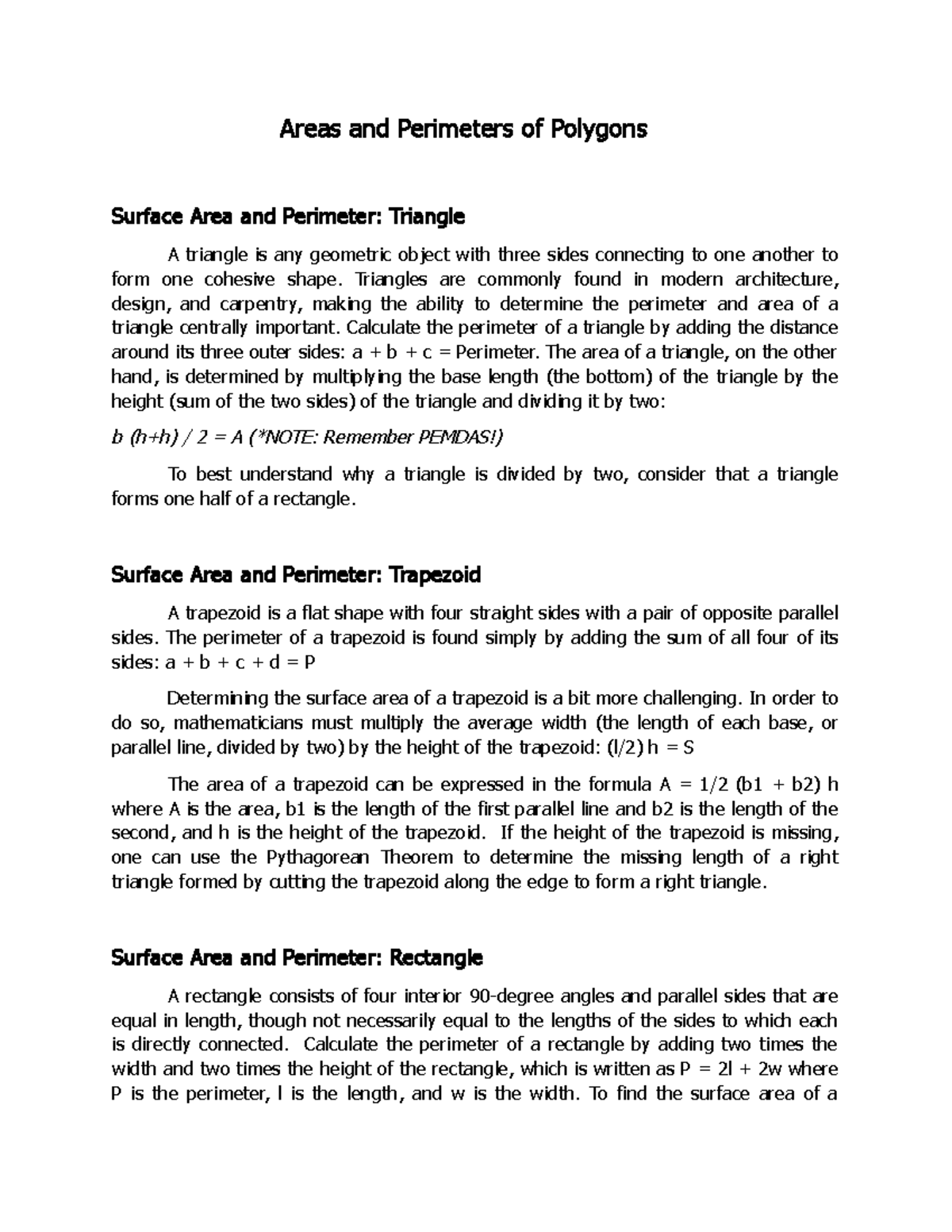 Areas and Perimeters of Polygons-Perimeter and Surface Area Formulas ...