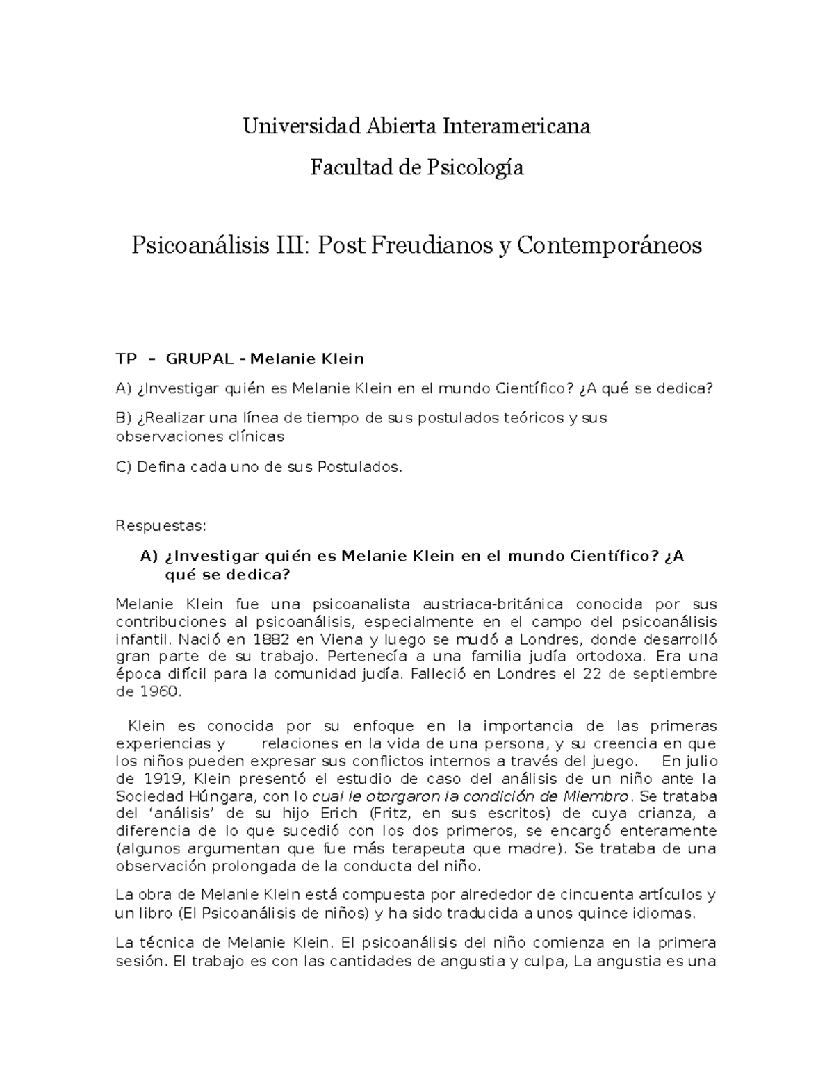 TP Psicoanalisis Melanie Klein - Universidad Abierta Interamericana Facultad de Psicología - Studocu