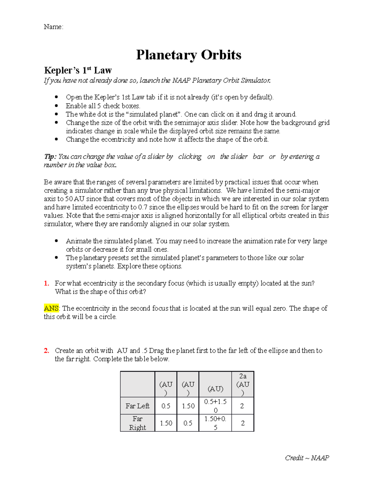 Planetary-orbits-report lab - Planetary Orbits Kepler’s 1 st Law If you ...