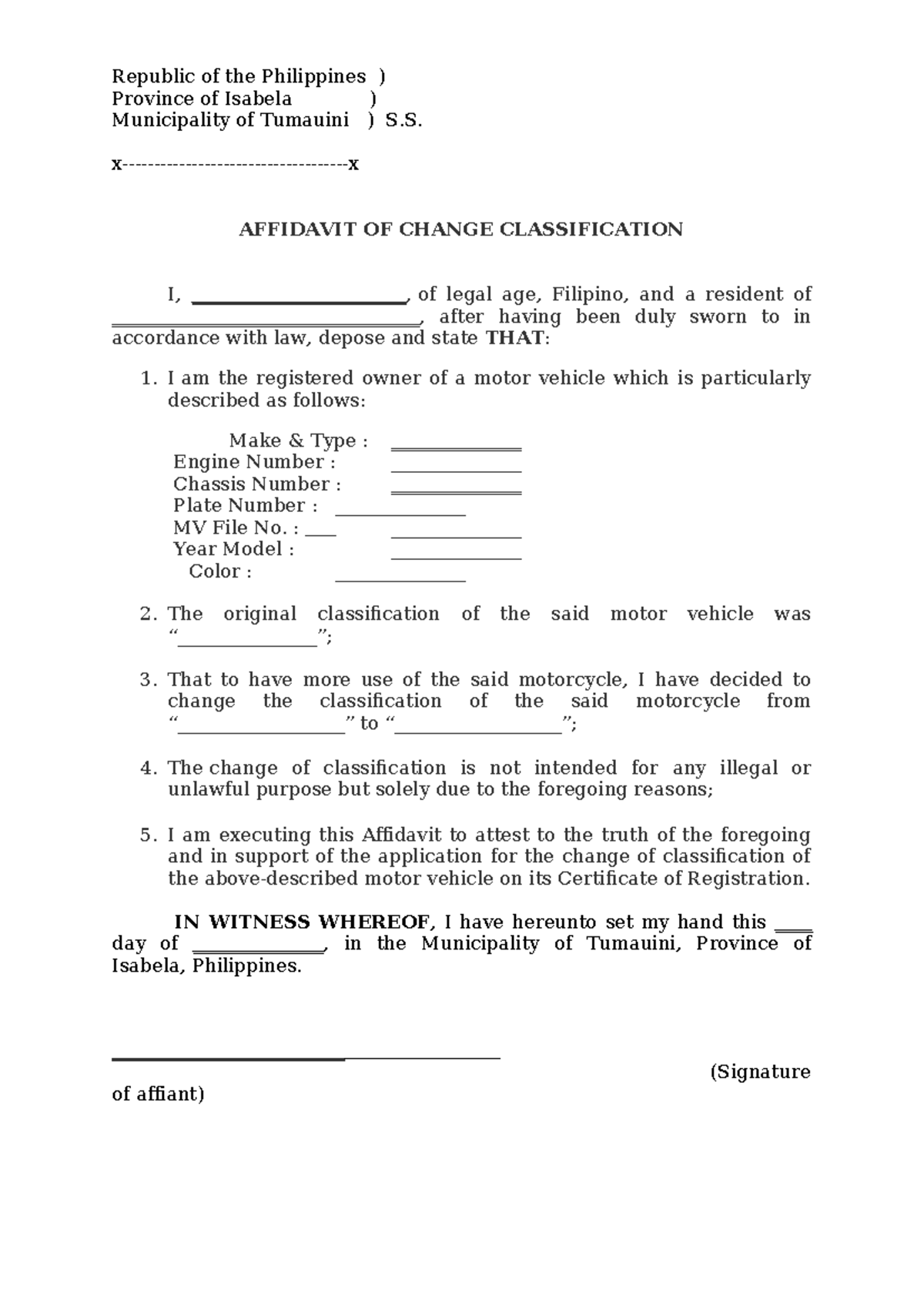 Affidavit of Change Classification Balnk Copy - Republic of the ...