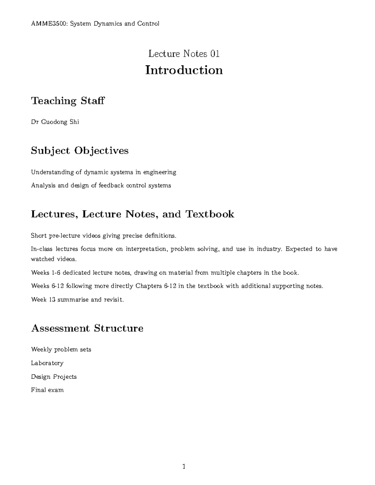 LN01 intro - Notes - AMME3500: System Dynamics and Control Lecture ...
