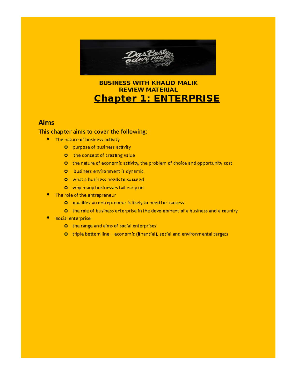Notes Unit 1 -Ch 1-Enterprise -final - BUSINESS WITH KHALID MALIK ...