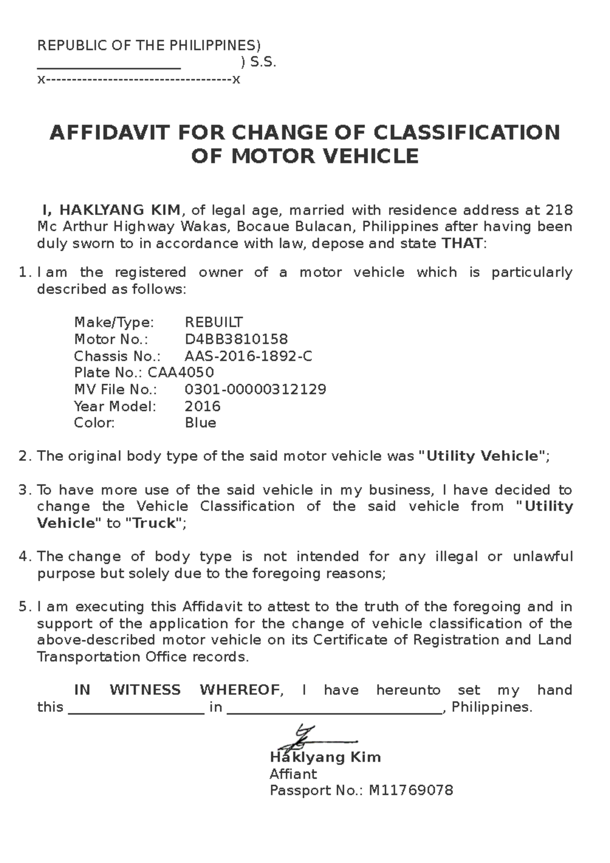 Affidavit OF Change Classification - REPUBLIC OF THE PHILIPPINES ...