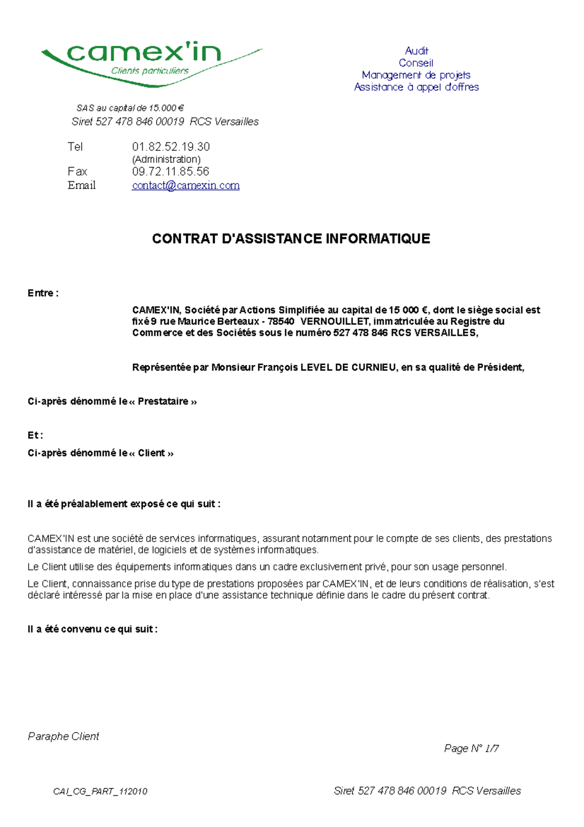 Exemple pour analyse Contrat D' Assistance Informatique - SAS au ...