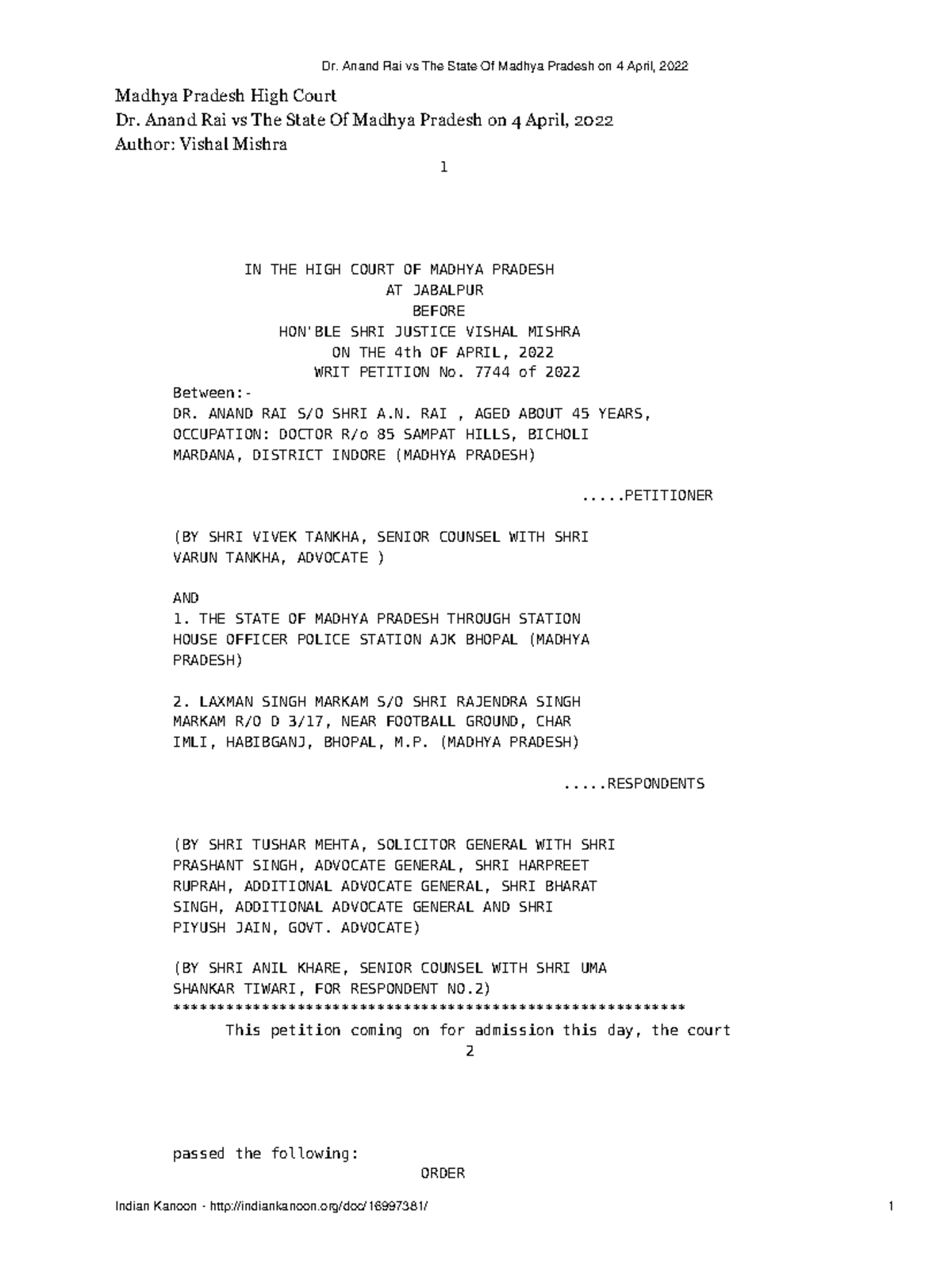 Dr Anand Rai vs The State Of Madhya Pradesh on 4 April 2022 - Madhya ...