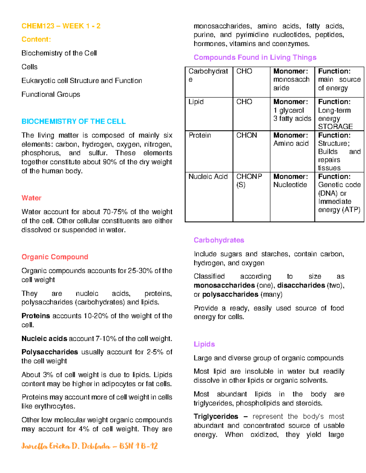 Nursing Notes 1st Year Biochemistry CHEM123 WEEK 1 2 Content
