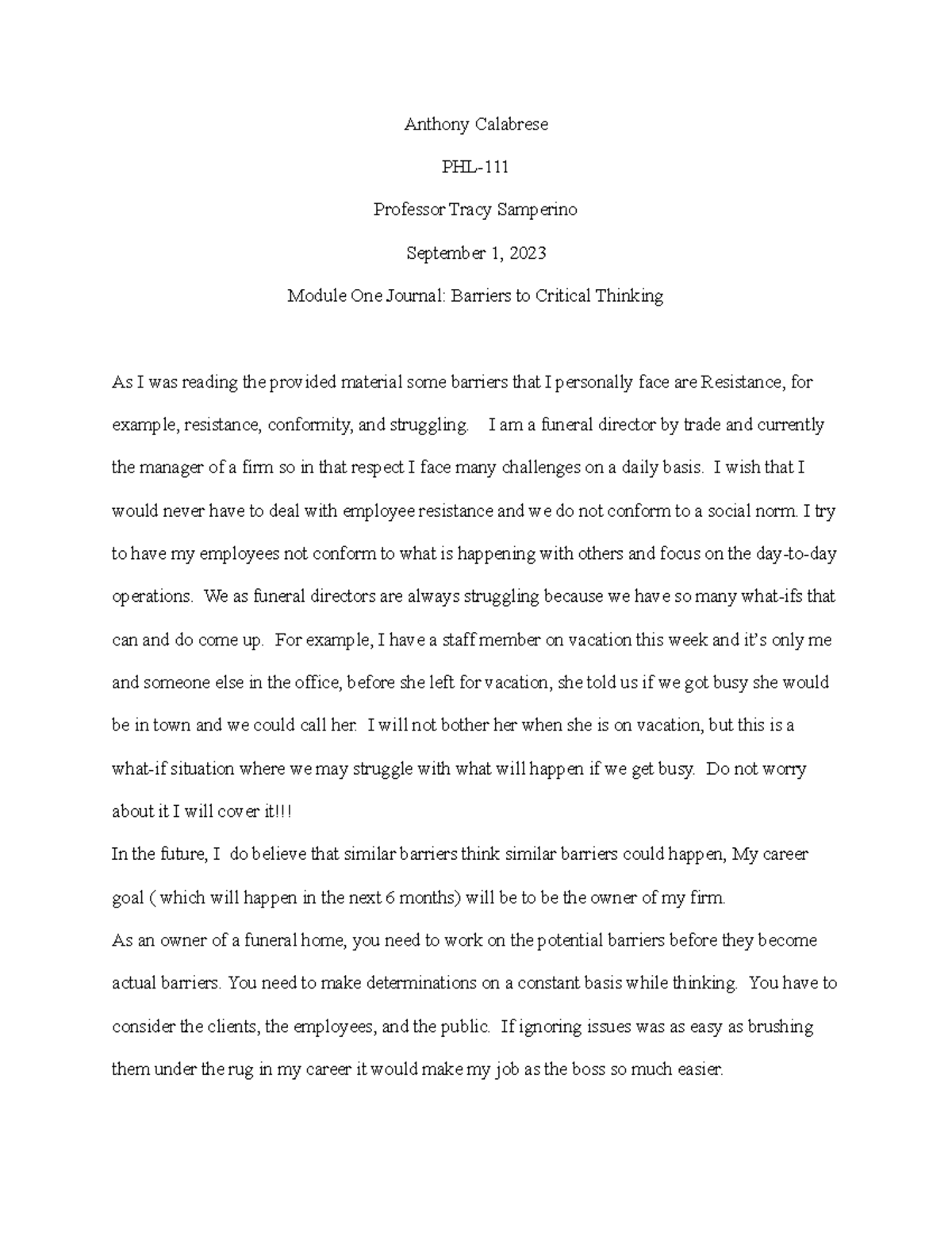 PHL 111 Module 1 - Anthony Calabrese PHL- Professor Tracy Samperino ...