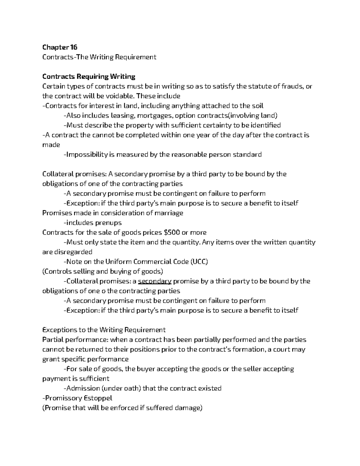 Chapter 16 Notes - Chapter 16 Contracts-The Writing Requirement ...