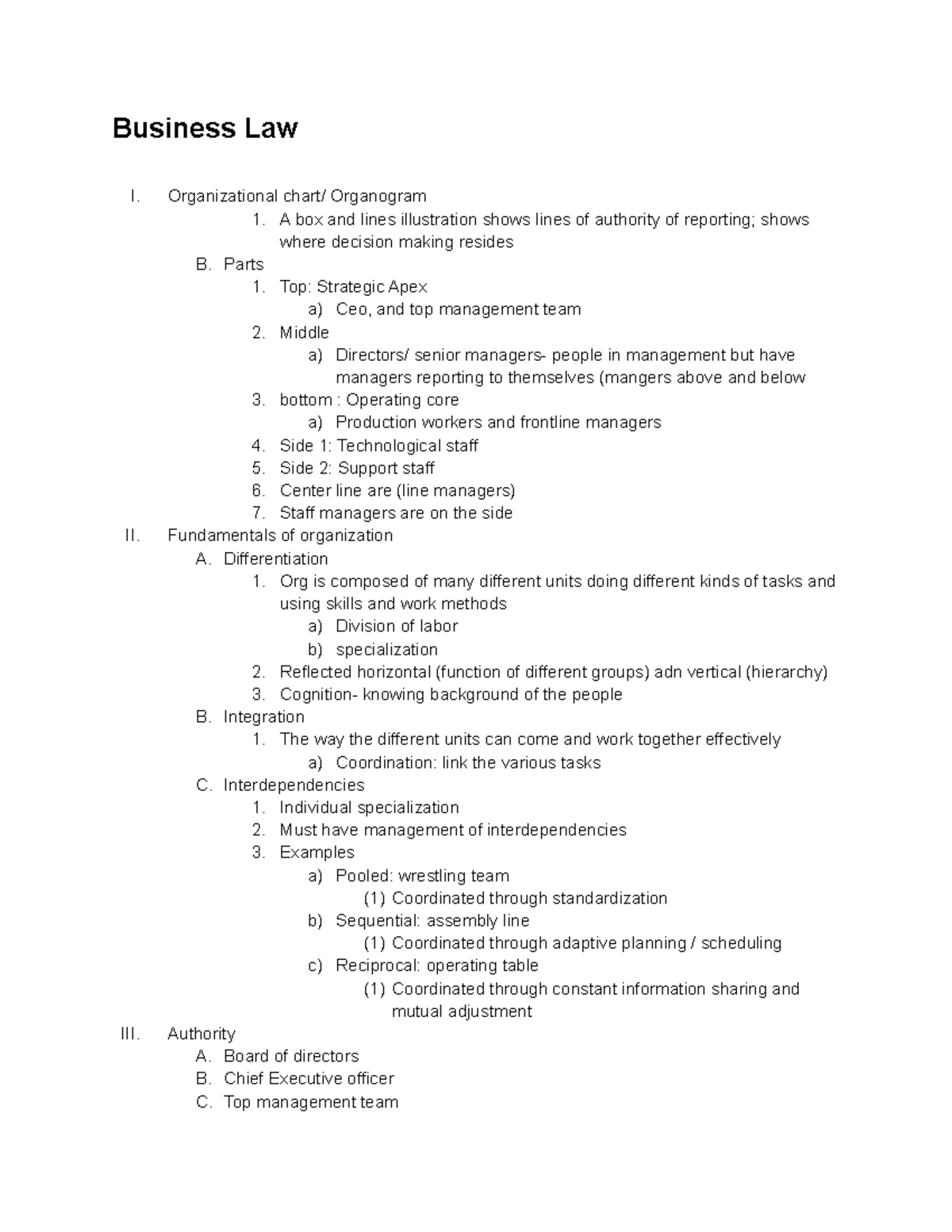 Business Law 1 - Law notes - Business Law I. Organizational chart ...