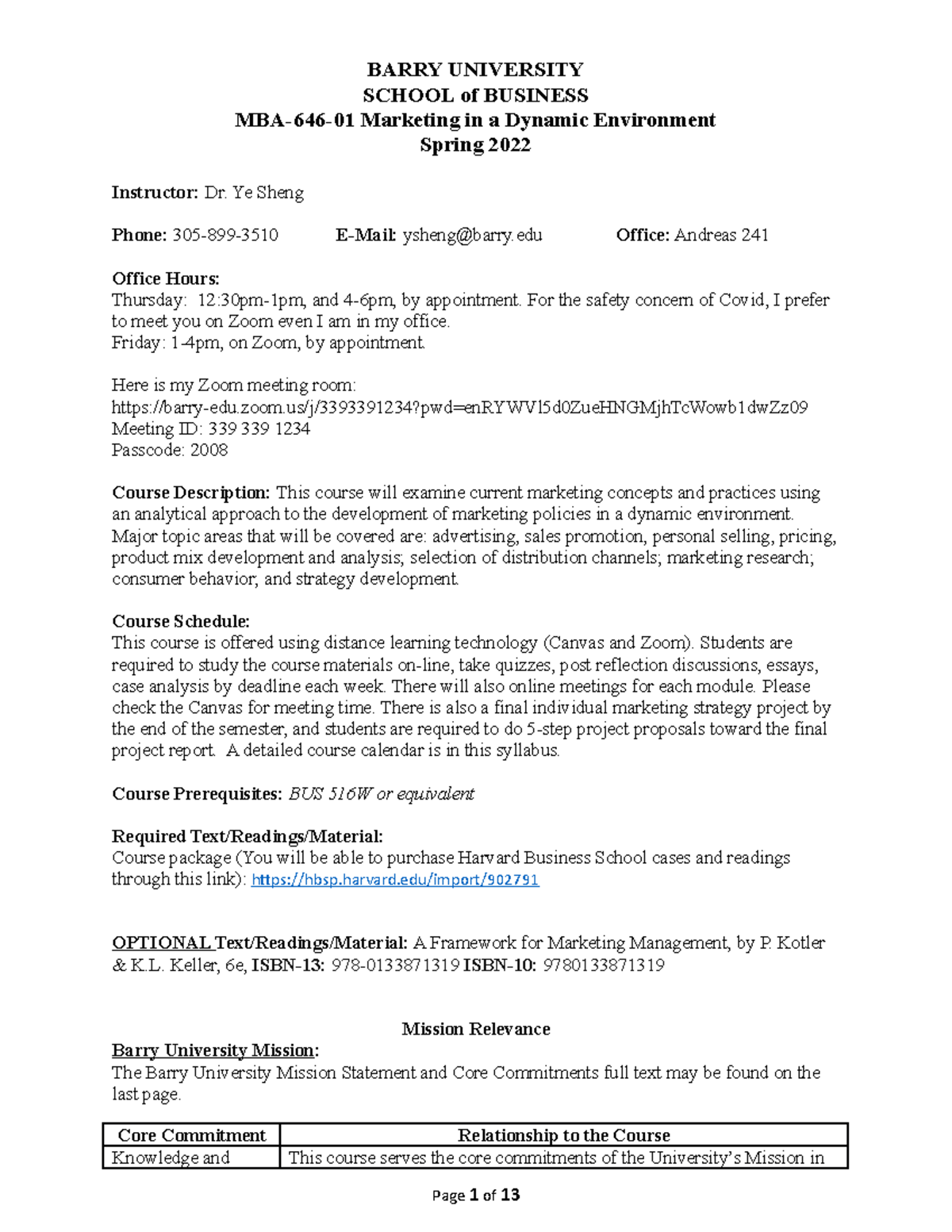 Syllabus MBA 646 01 &SH Sheng 2022-01 - BARRY UNIVERSITY SCHOOL of ...