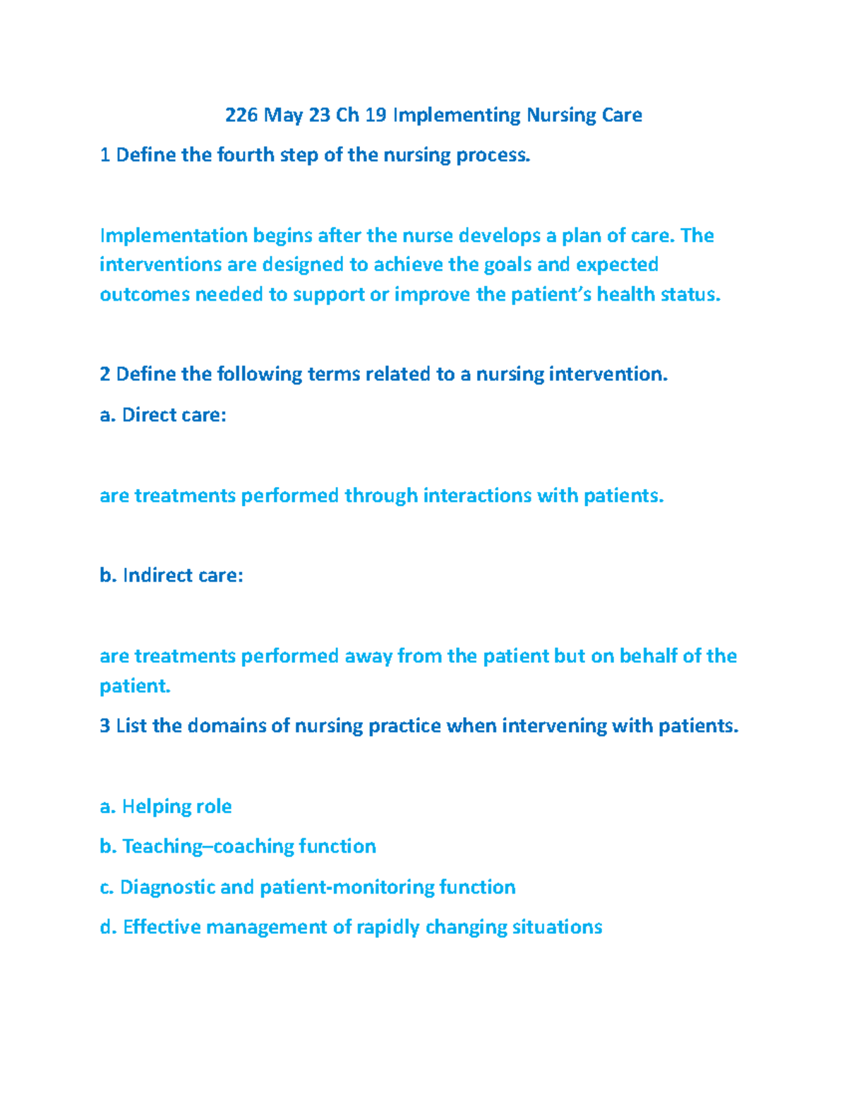 222 July 23 Implementing Nursing Care - 226 May 23 Ch 19 Implementing ...