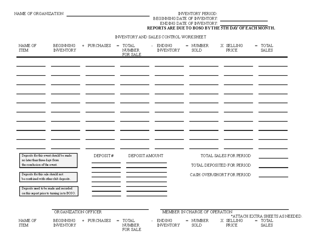 Inventory And Sales Worksheet - NAME OF ORGANIZATION INVENTORY PERIOD ...