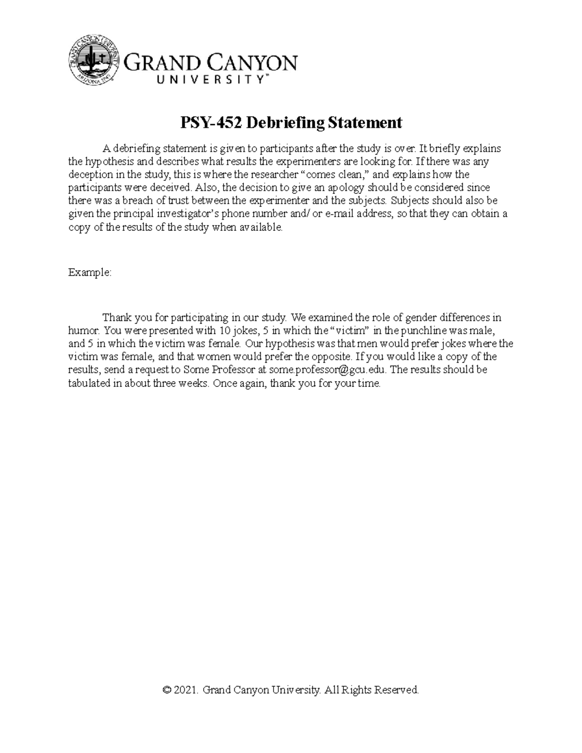 PSY 452 RS T1 Debriefing Statement - PSY-452 Debriefing Statement A ...