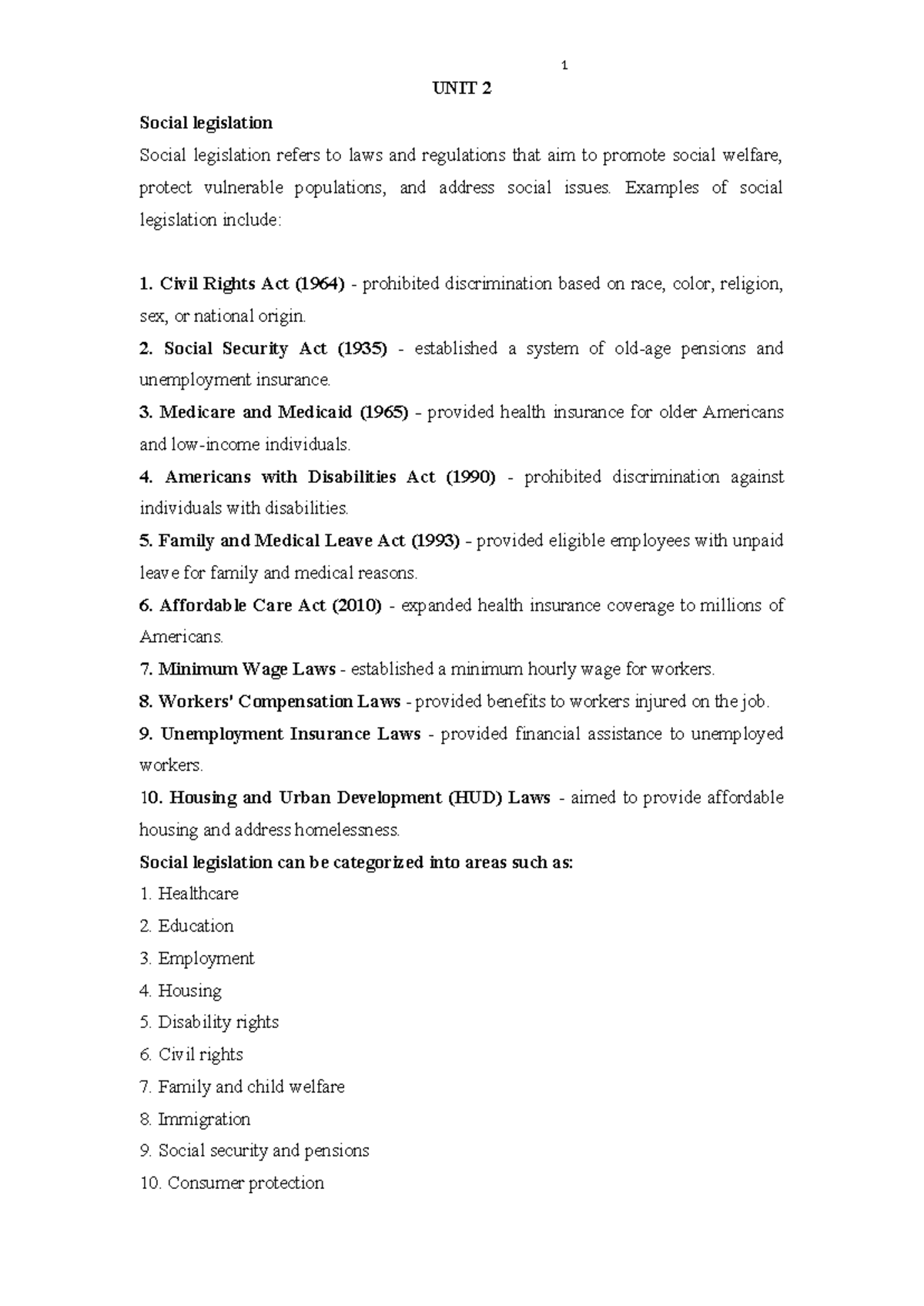 UNIT 2 - it just bullet points - UNIT 2 Social legislation Social ...