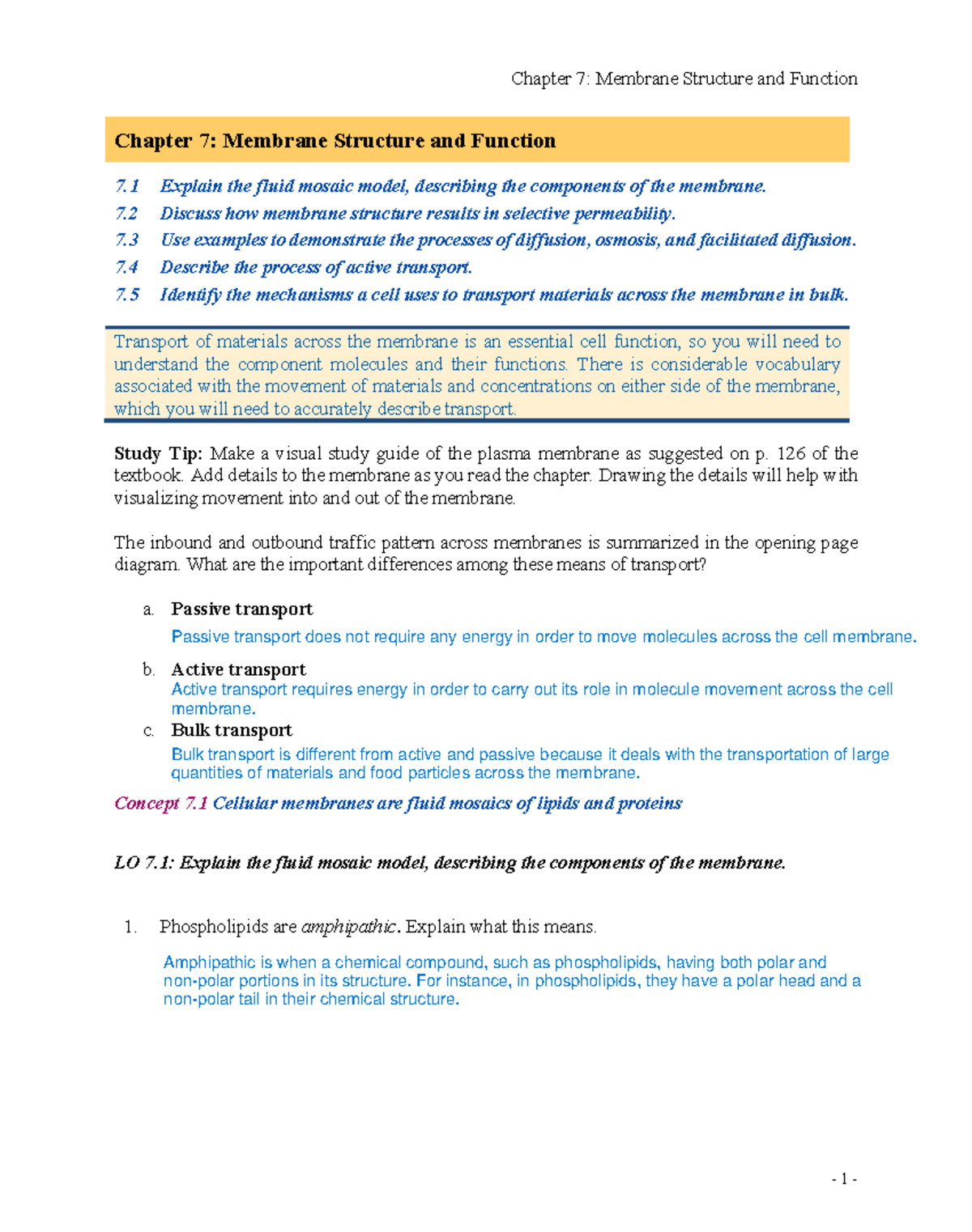 Active Reading Notes 07 Short - Chapter 7: Membrane Structure and ...