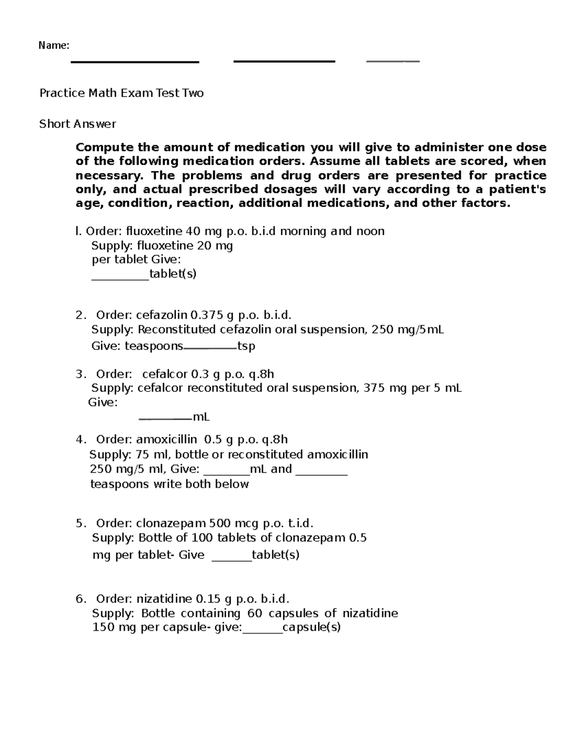 Math Practice Exam Revised - Practice Math Exam Test Two Short Answer ...