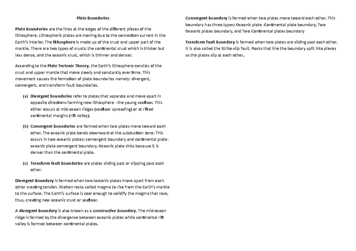 Plate Boundaries Science Notes - Plate Boundaries Plate boundaries are ...