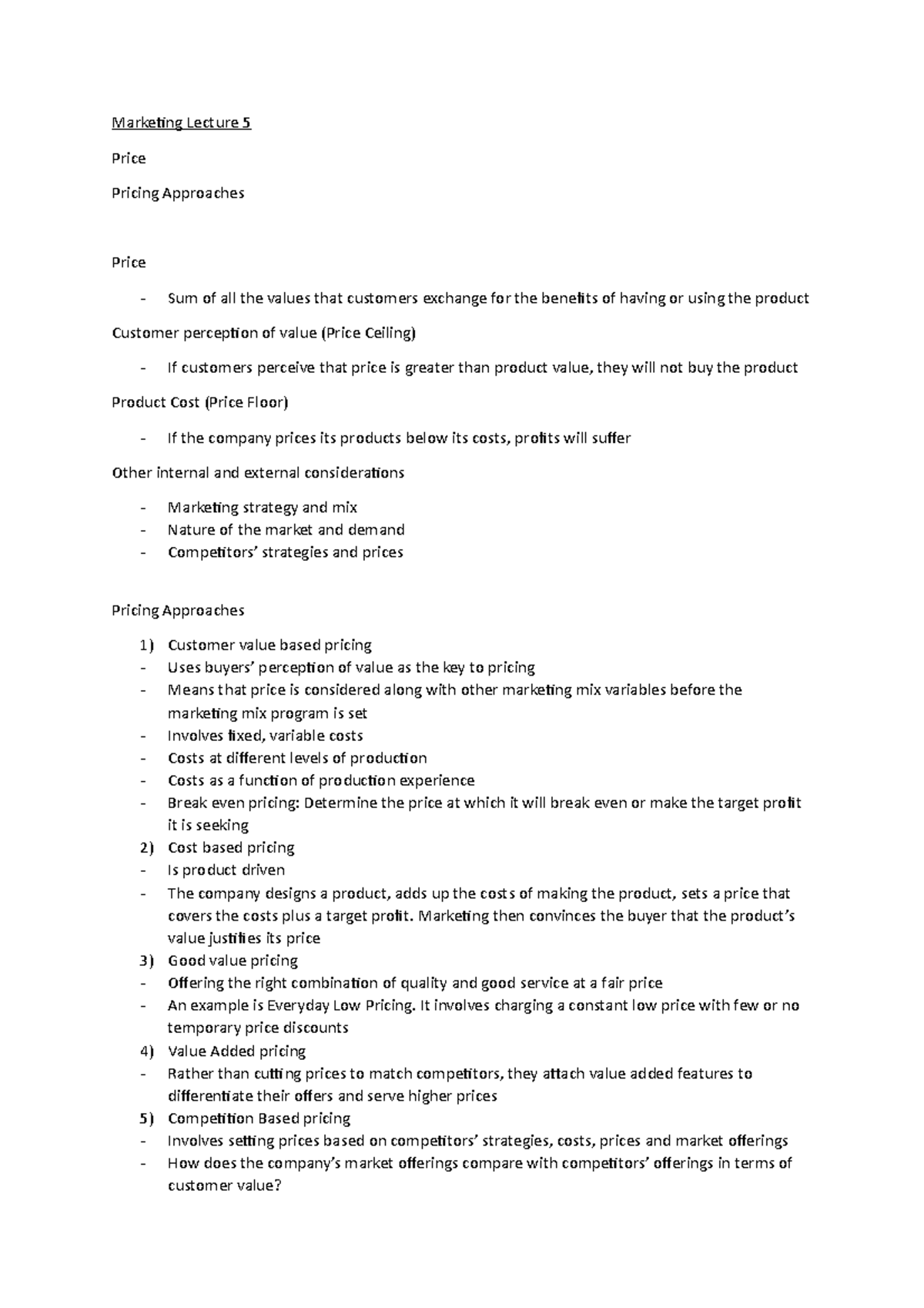 Price (Lecture 5) Marketing Year 1 Notes - Marketing Lecture 5 Price ...