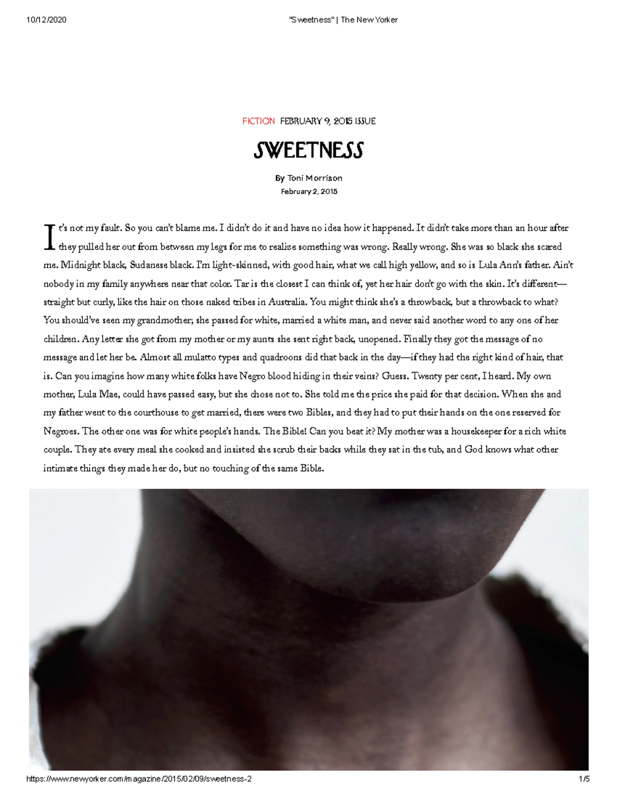 Sweetness - Toni Morrison - I Fiction February 9, 2015 Issue Sweetness ...