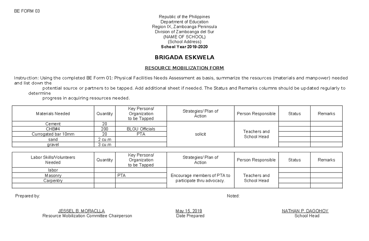 Brigada-Eskwela-Form-3-Resource-Mobilization-Form - BE FORM 03 Republic of the Philippines - Studocu