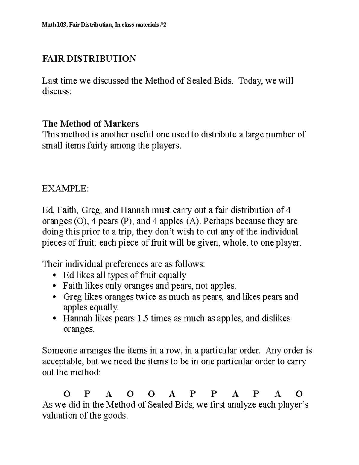 Fair Distribution notes - Math 103, Fair Distribution, In-class ...