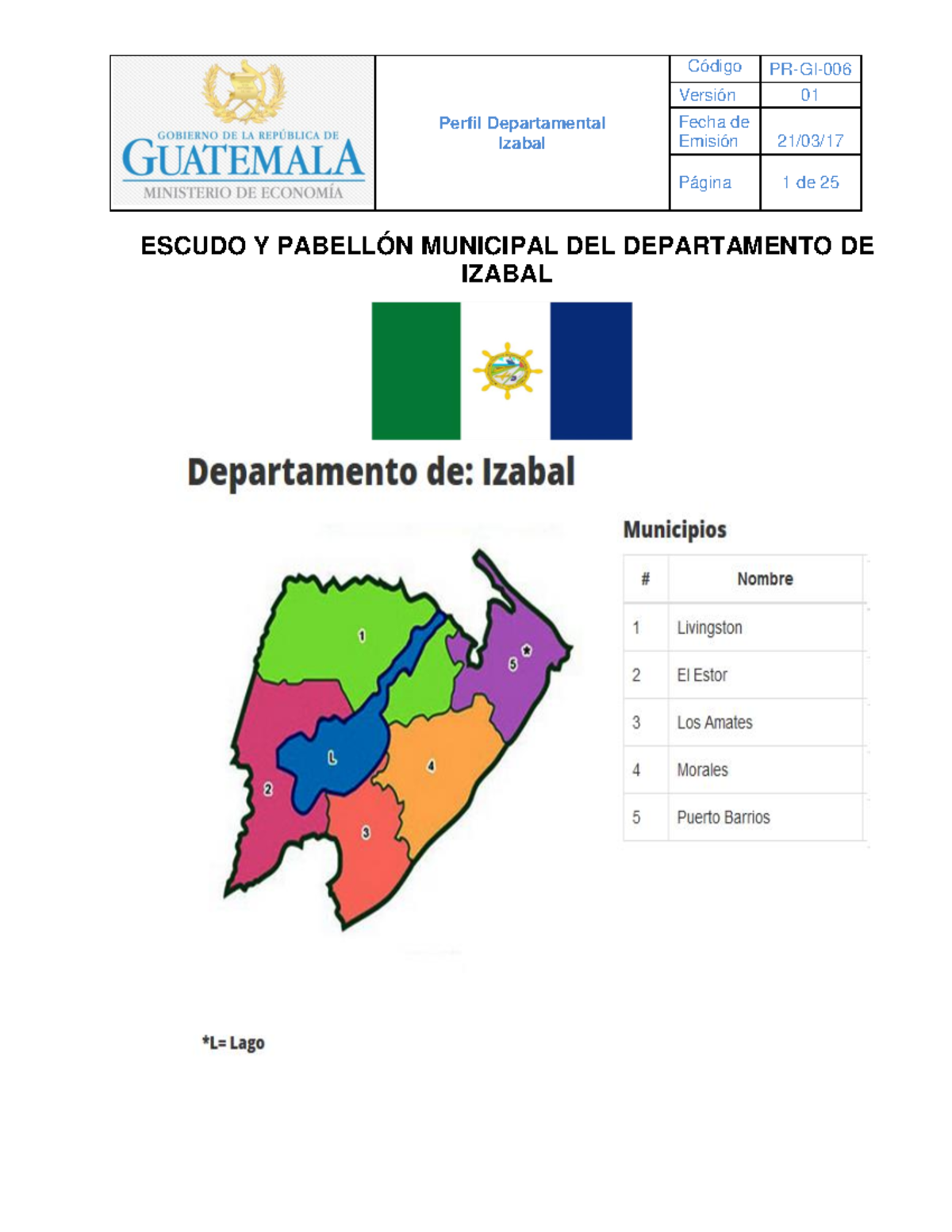 Izabal 1 - Perfil Departamental Izabal Versión 01 Fecha de Emisión 21 ...