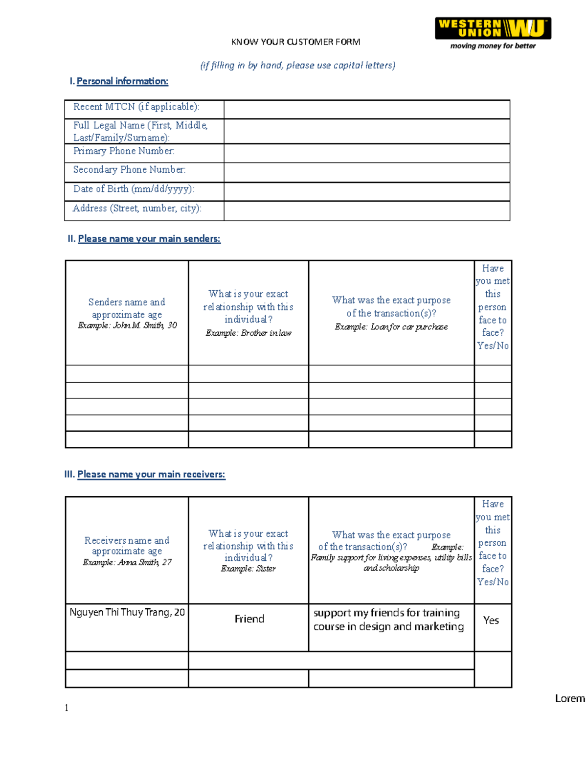 Know Your Customer form - 1 Recent MTCN (if applicable): Full Legal ...