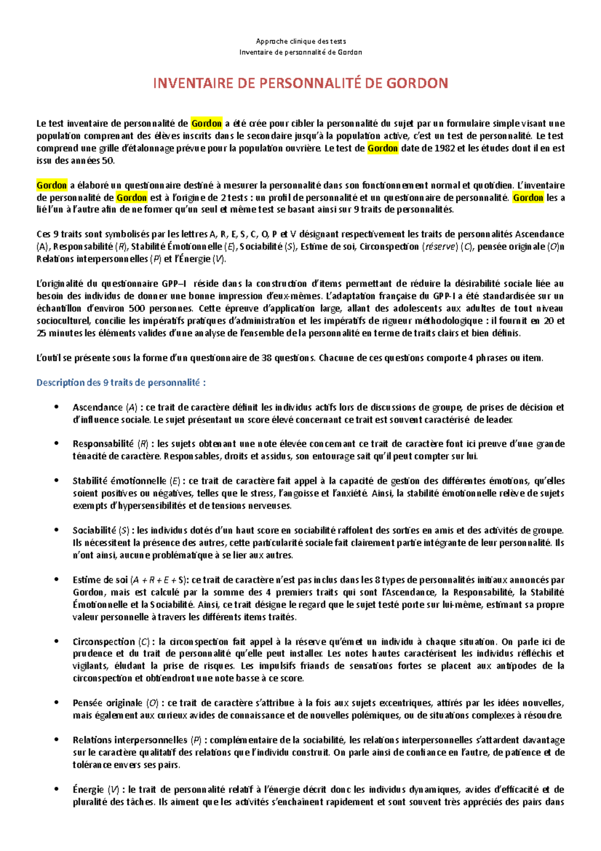 Inventaire de personnalité de Gordon - Le test comprend une grille d ...