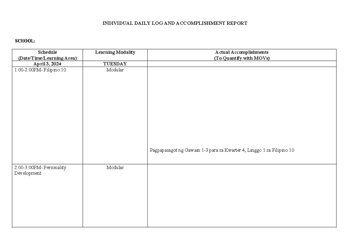 Idlar - individual daily accomplishment log - education - INDIVIDUAL ...