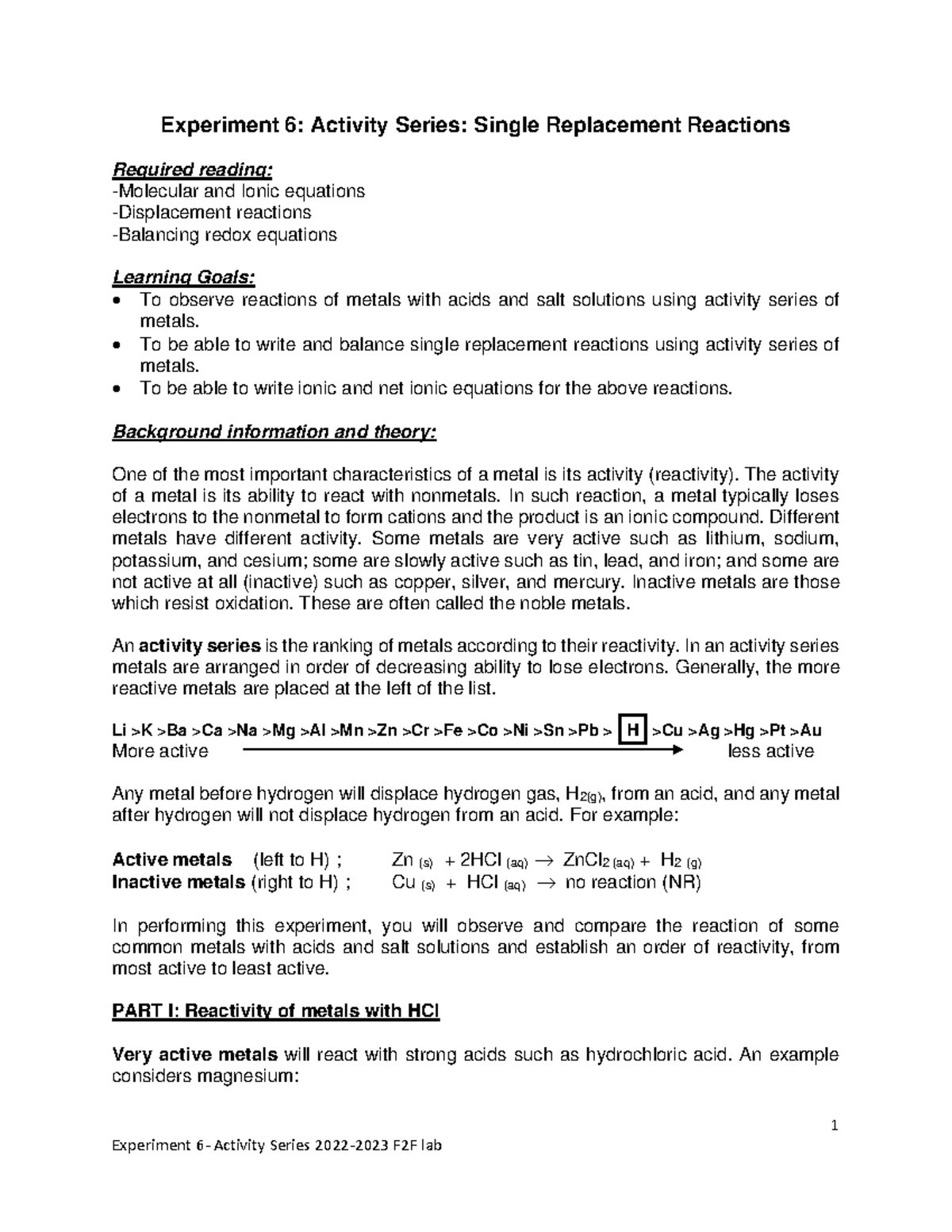 Experiment 6- Activity Series - To be able to write and balance single replacement reactions ...
