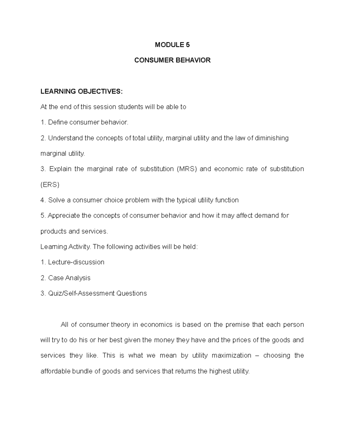 Module 5 Managerial Economics Consumer Behavior - MODULE 5 CONSUMER ...