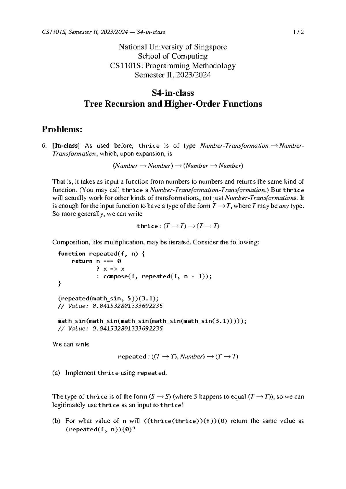 Studio S4 in class - CS1101S, Semester II, 20 23 /20 24 — S 4 - in ...