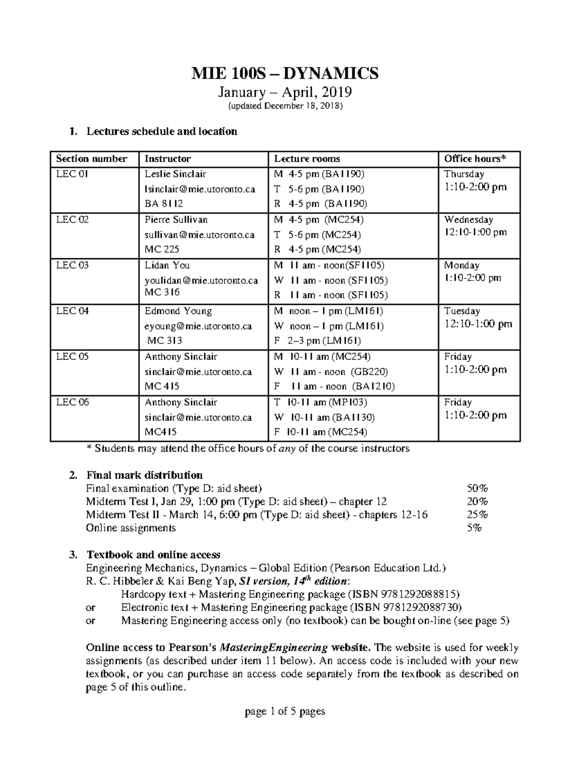 Mie100 Syllabus - Summary Dynamics - MIE 100S DYNAMICS January April ...
