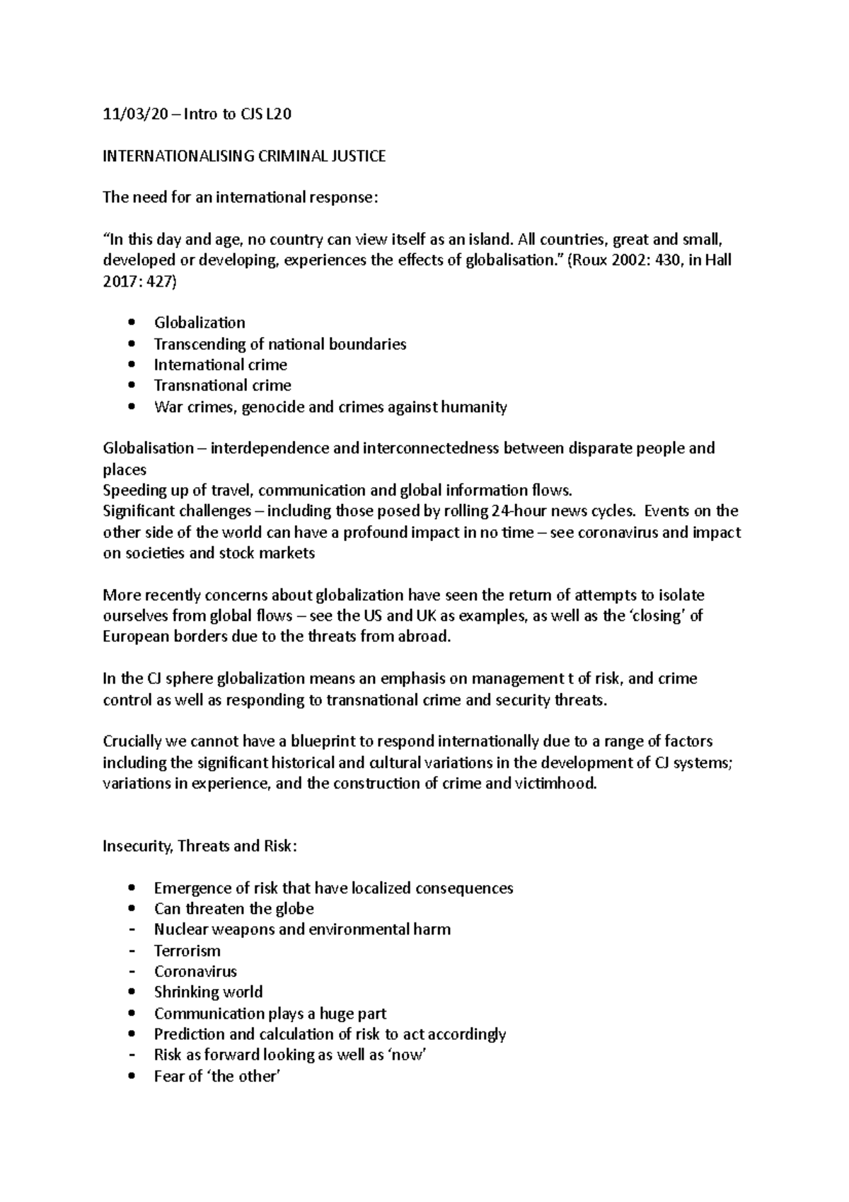 Intro to CJS - Lecture 20 - 11/03/20 – Intro to CJS L INTERNATIONALISING CRIMINAL JUSTICE The ...