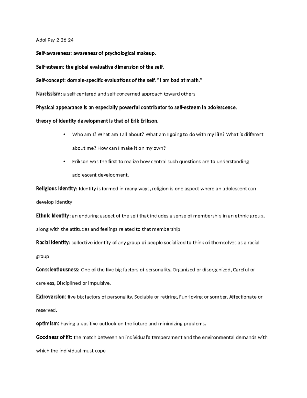 Adol psy test 2 guide - Adol Psy 2-26- Self-awareness: awareness of ...