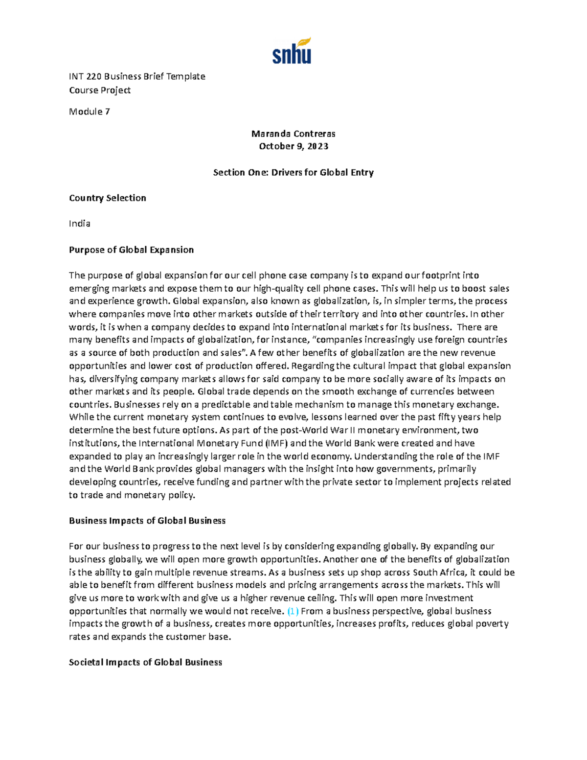 Oct 9 INT 220 Business Brief Template - INT 220 Business Brief Template ...