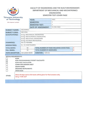 Mock Semester Test 2 - It was done on the 23 July 2023 - MEC105B - Mock ...