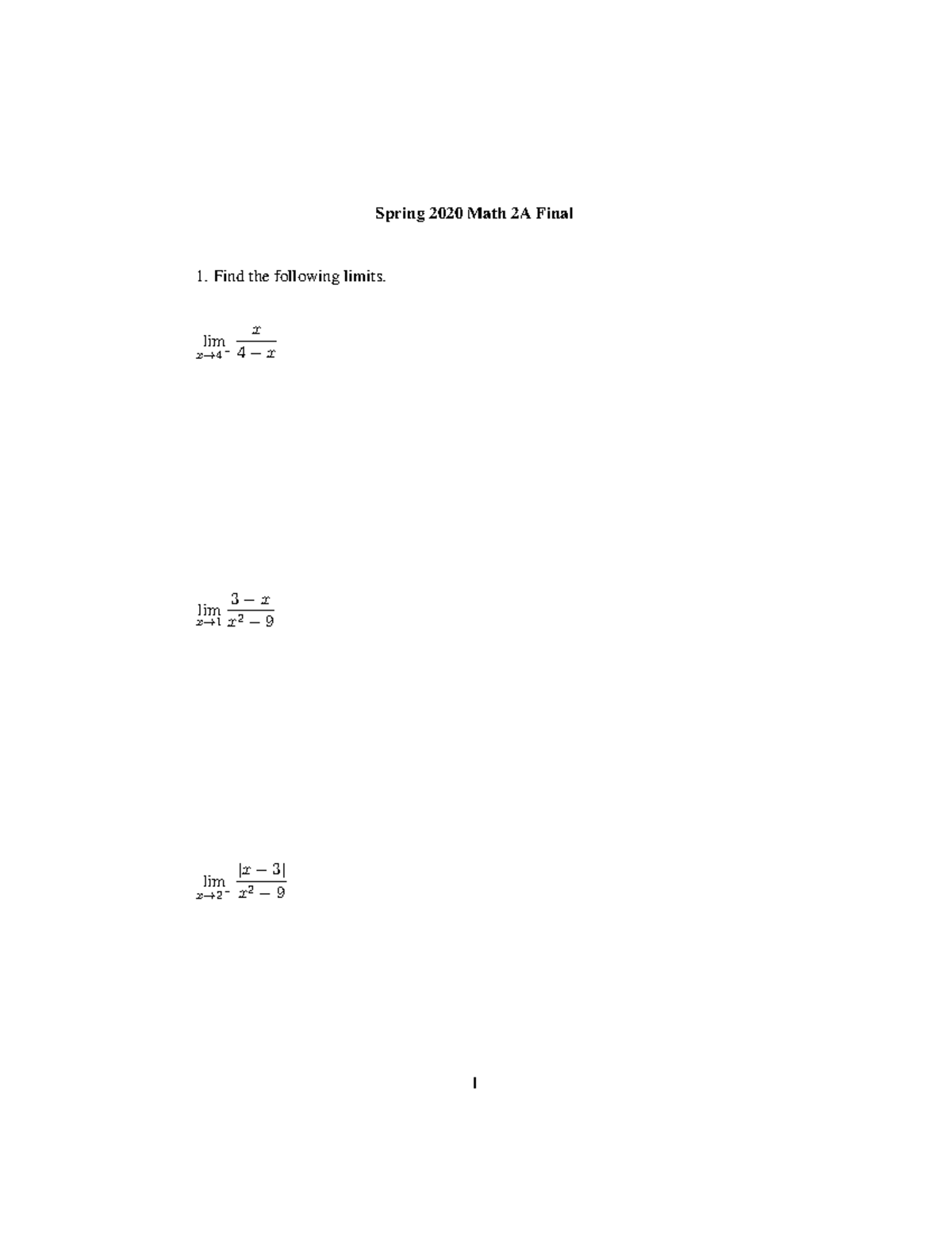 Math 2A Final Spring 2020 - Spring 2020 Math 2A Final Find the ...
