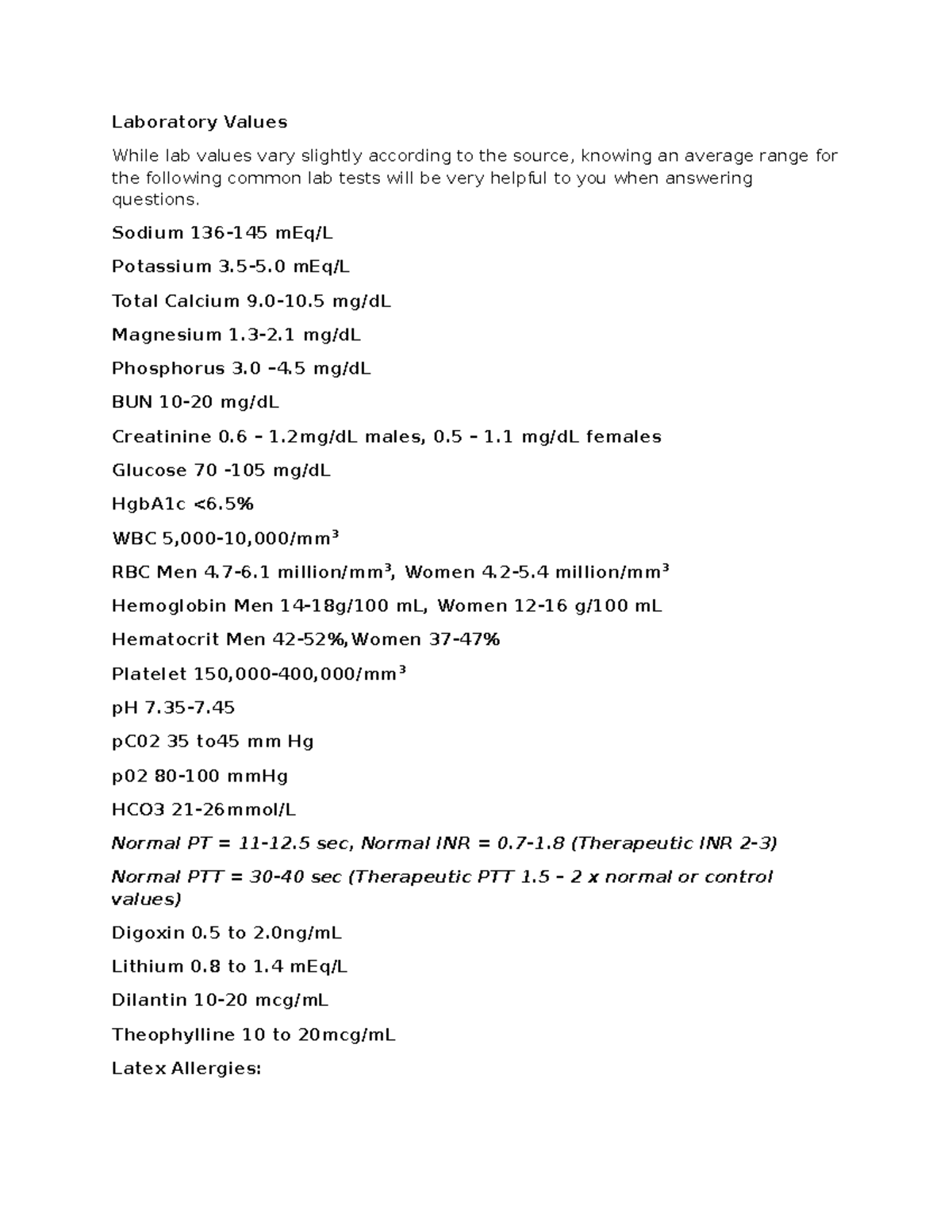 ATI tips from capstone - study tips - Laboratory Values While lab ...