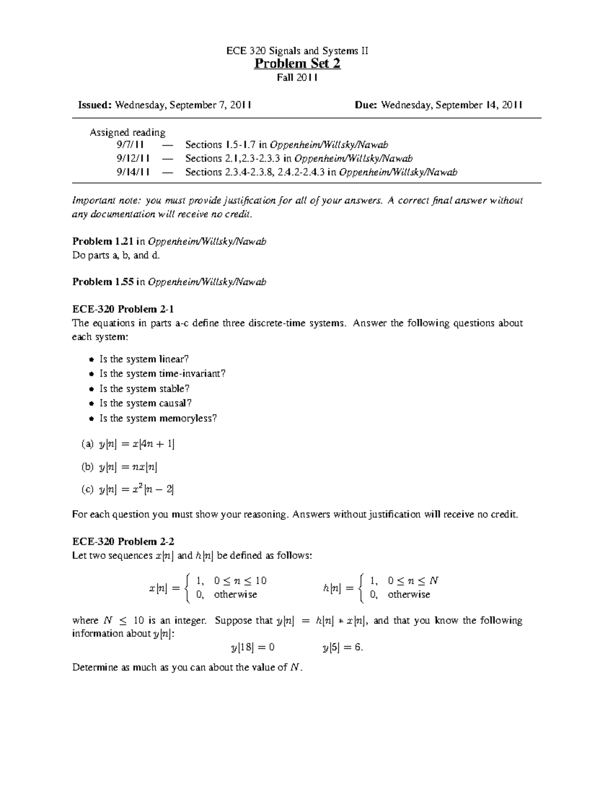 Problem Set 02 - 2011 - ECE 320 Signals and Systems II Problem Set 2 Fall 2011 Issued: Wednesday ...
